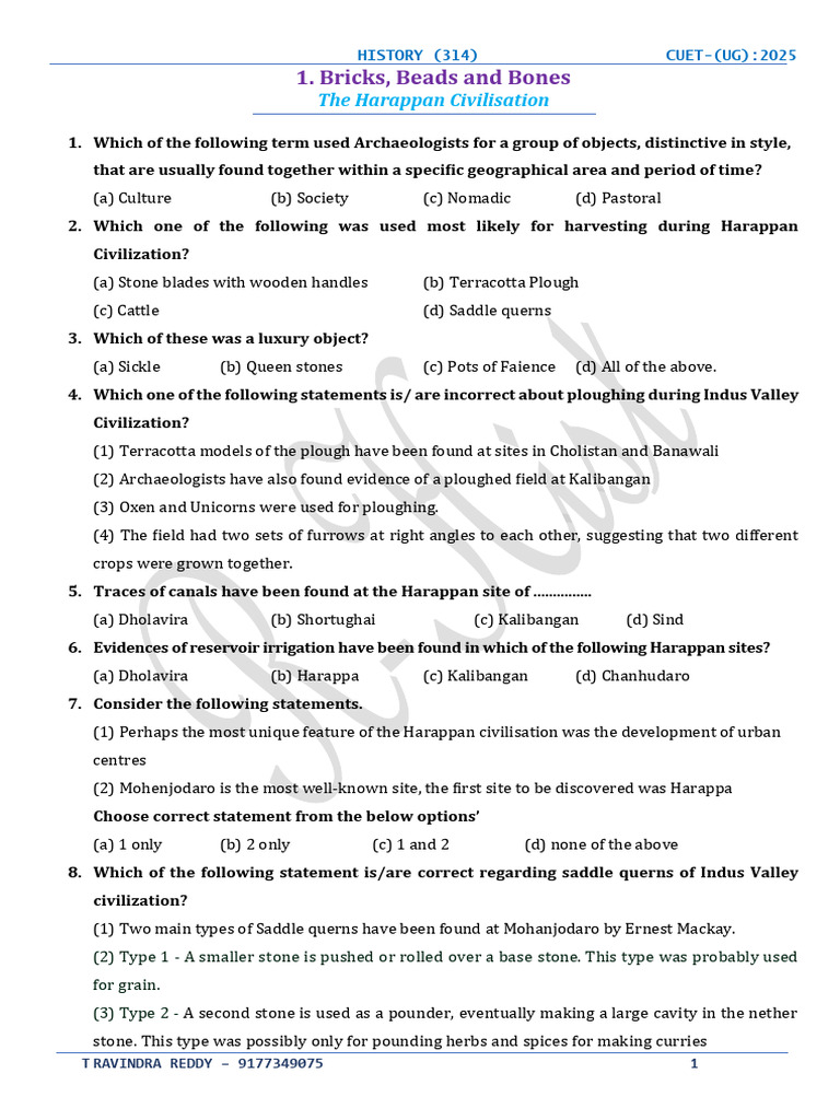 01 Bricks, Beads and Bones MCQ | PDF