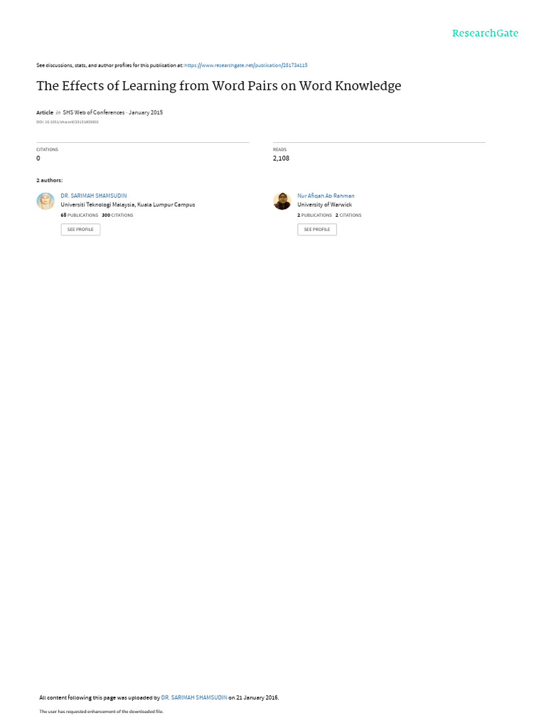 The Effects of Learning From Word Pairs On Word KN | PDF | Vocabulary ...