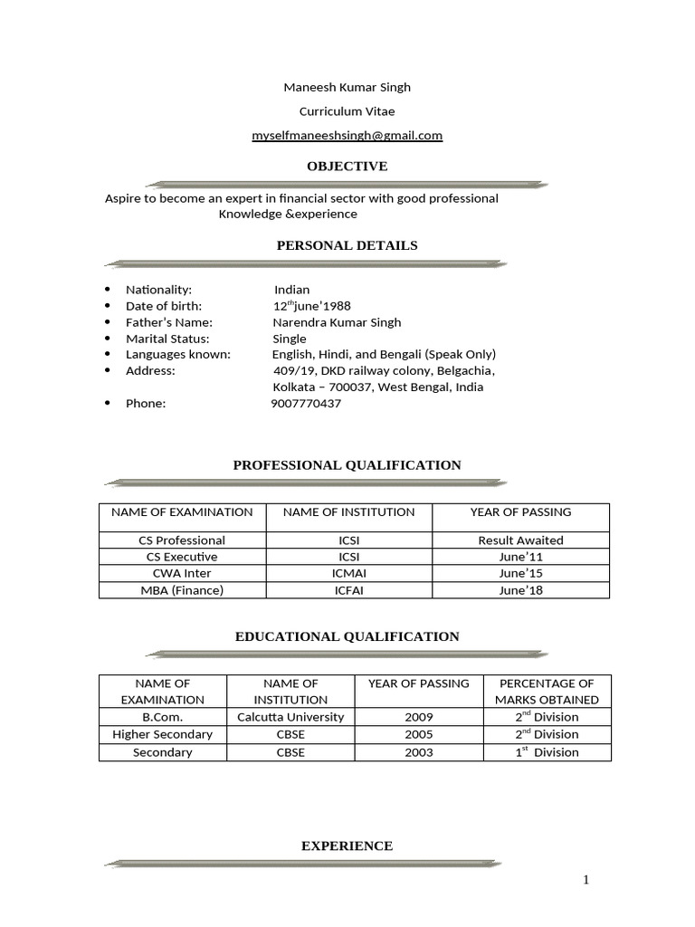 Maneesh Resume 12-06-2019 | PDF | Kolkata