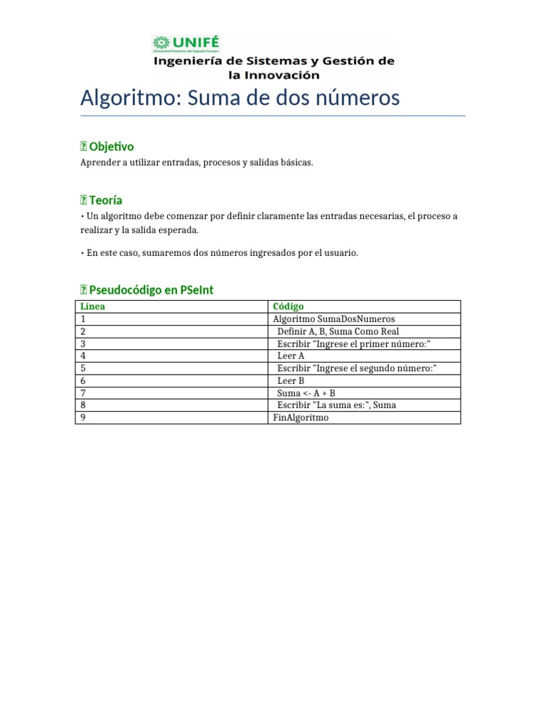 Algoritmo para Sumar Dos Números | PDF