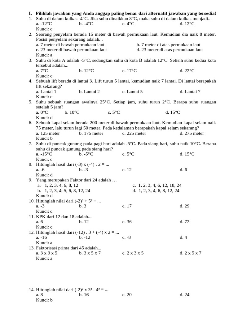 SOAL AAS MTK KLS 7 GANJIL KUMER 2025 | PDF