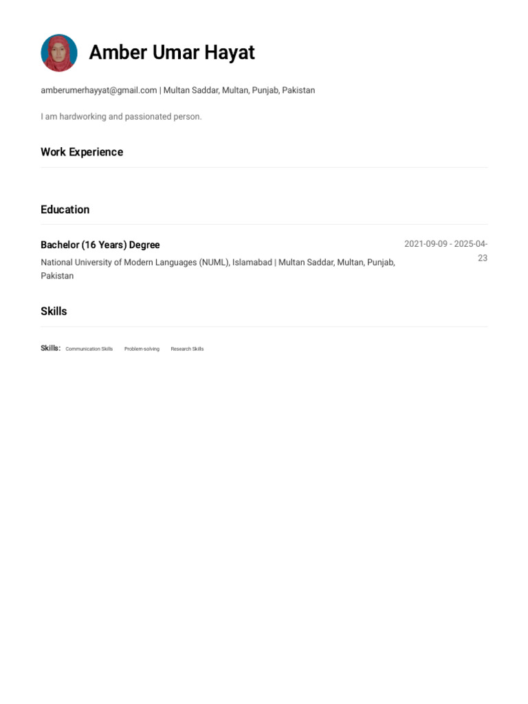 Amber Umar Hayat - Resume Overview | PDF