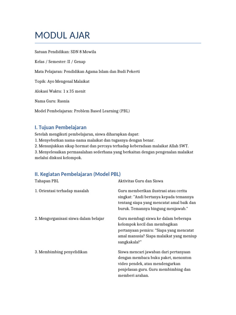 Modul_Ajar_Kelas_2_PAI_PBL_Malaikat | PDF