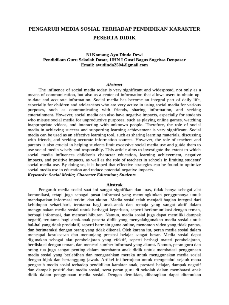 Dampak Media Sosial Terhadap Pendidikan Karakter Peserta Didik | PDF