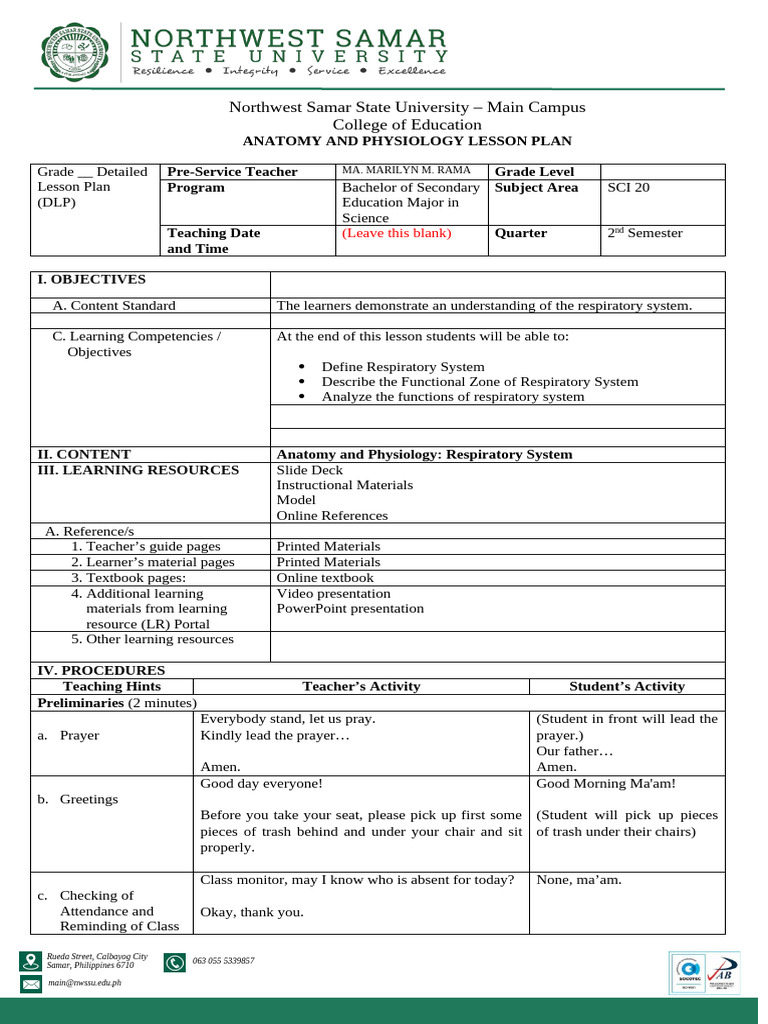 Lesson Plan Respiratory System | PDF | Respiratory Tract | Lung