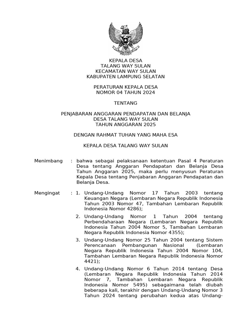 Penjabaran APBDes Talang Way Sulan 2025 | PDF