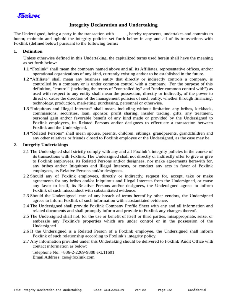 1.foxlink - Integrity Declaration and Undertaking - GLD-ZZ03-29 - Ver.a2 | PDF | Bribery | Damages