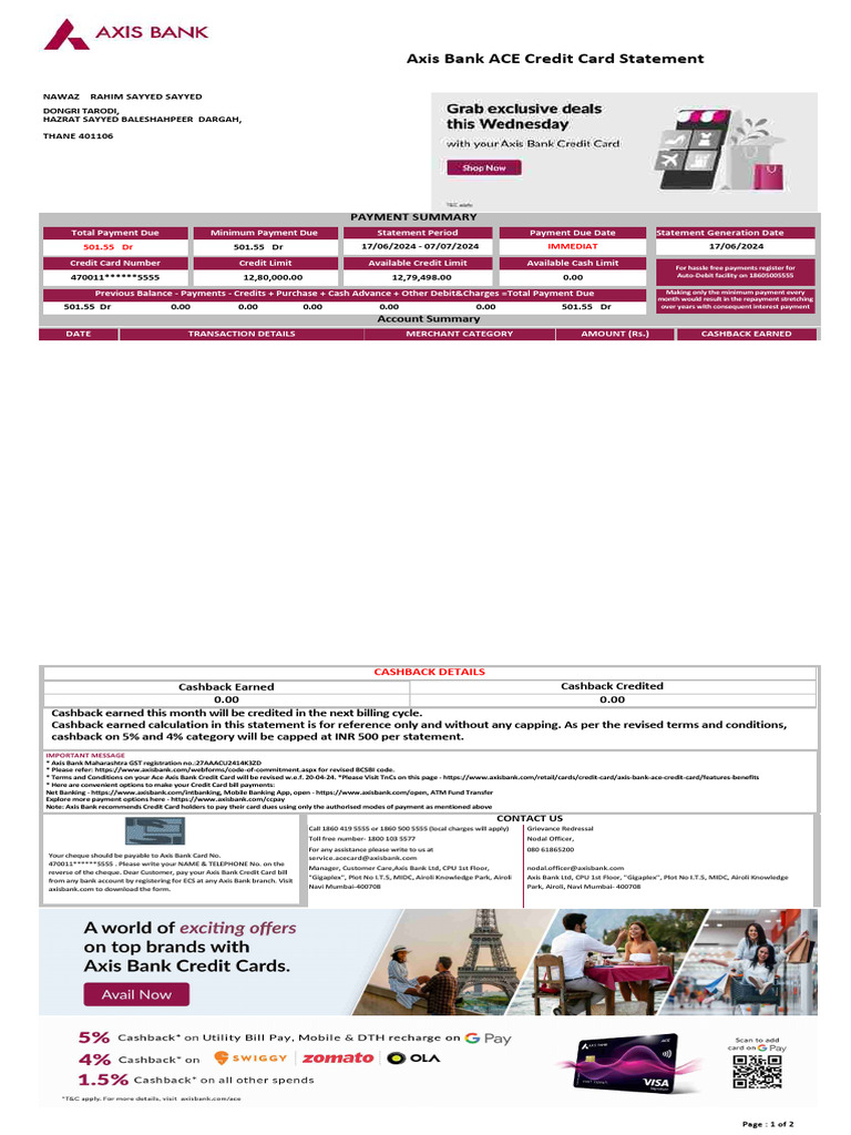Axis Ace Credit Card Statement | PDF | Credit Card | Payments