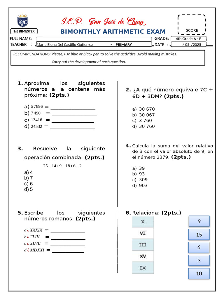 Evaluación Bimestral 2025 - Aritmetica 4TH Prim | PDF | Aritmética | Matemática Elemental