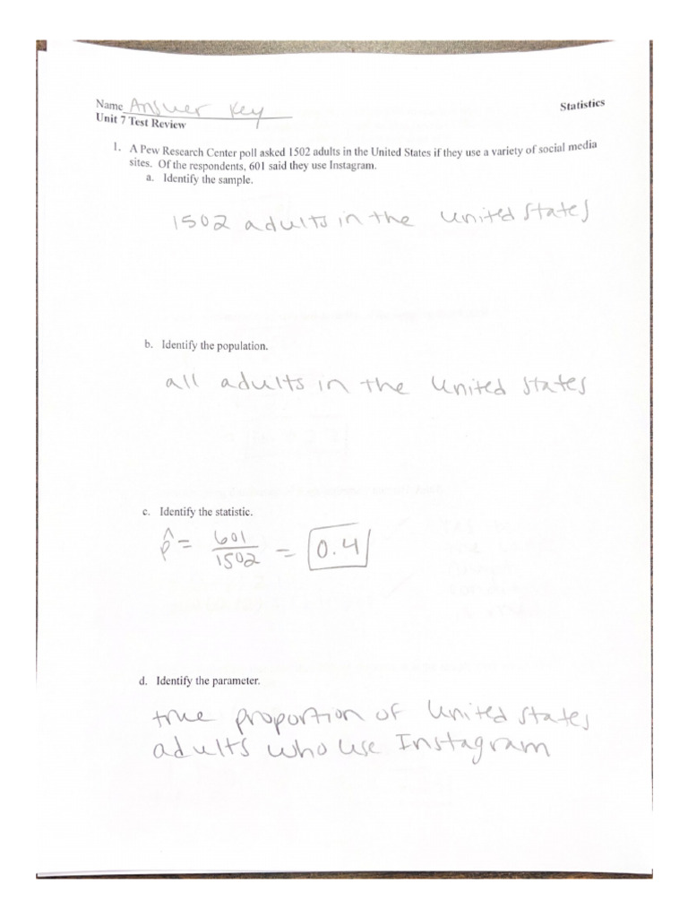 ANSWER KEY_Statistics_Unit 7 Test Review | PDF