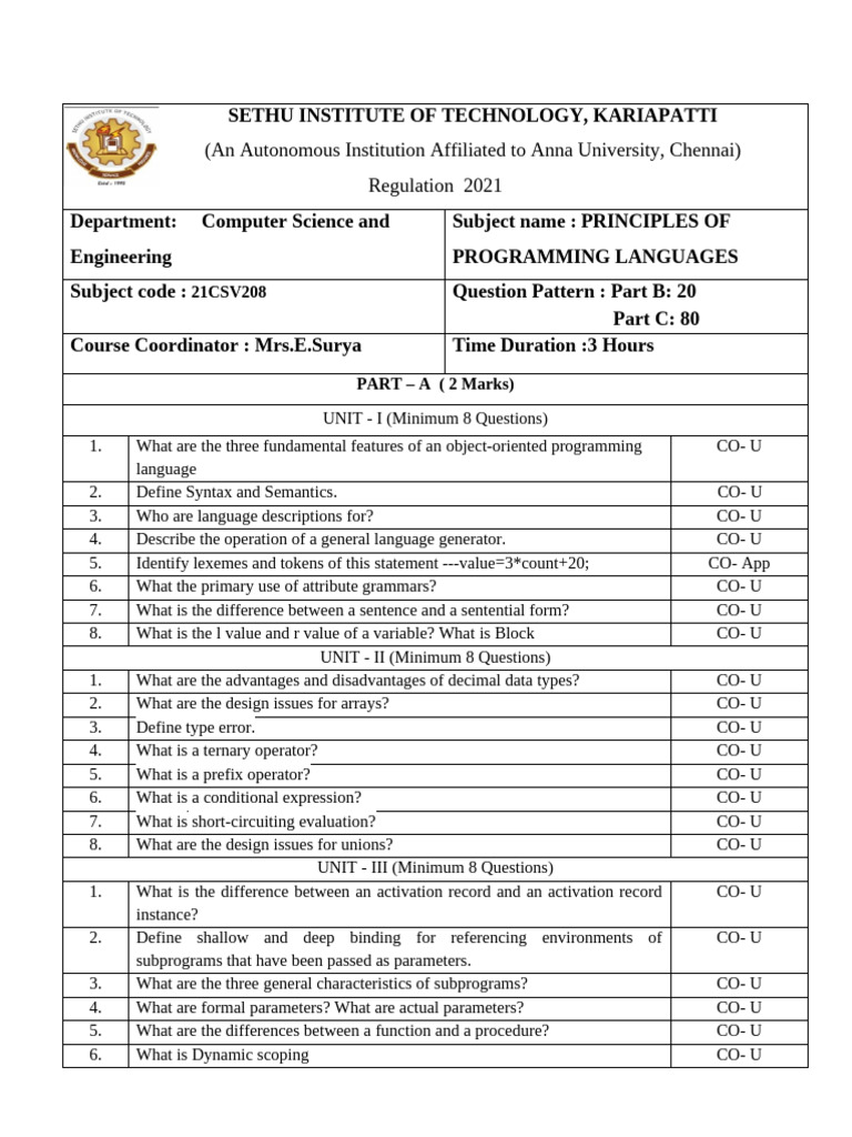 21CSV208 - Question Bank Principles of Programming Languages | PDF | Parsing | Parameter ...