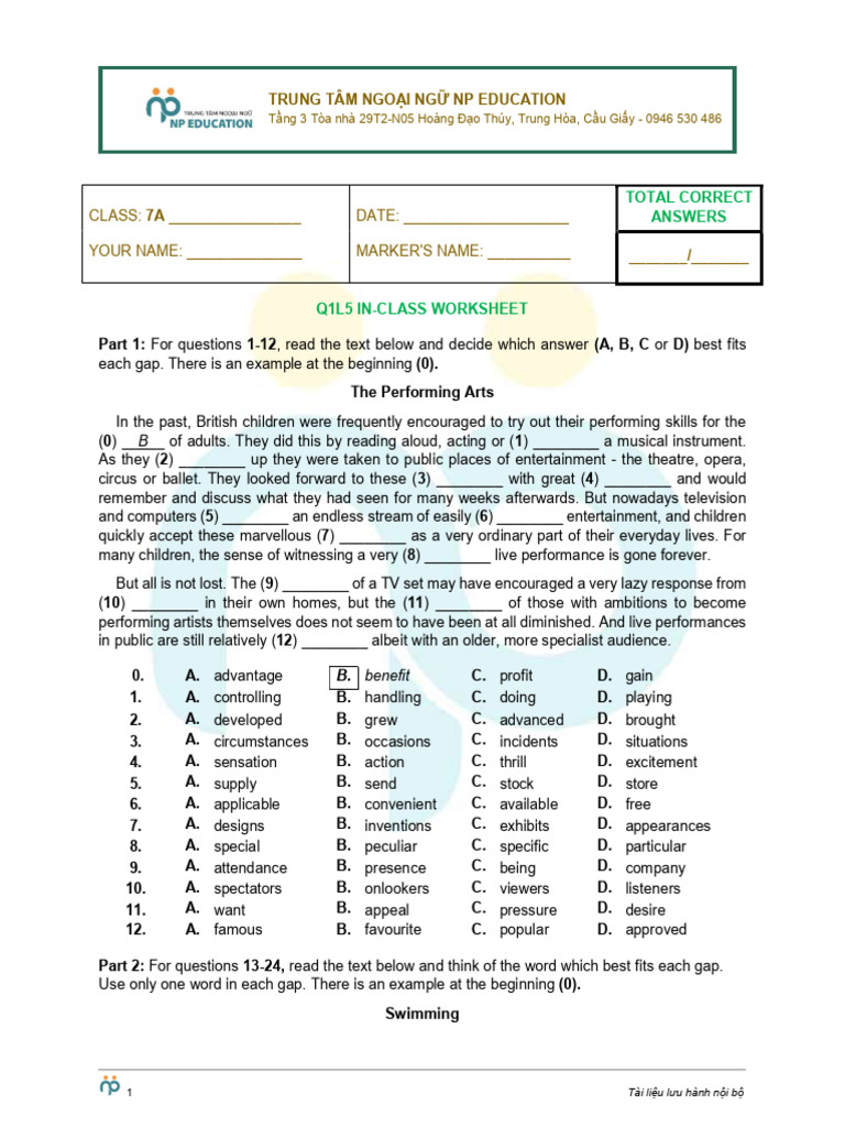 7a Q1L5 In-Class Worksheet | PDF | Swimming