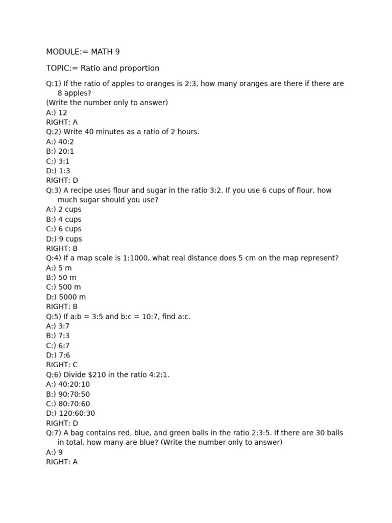Grade 9 Ratio and Proportion Exercises | PDF