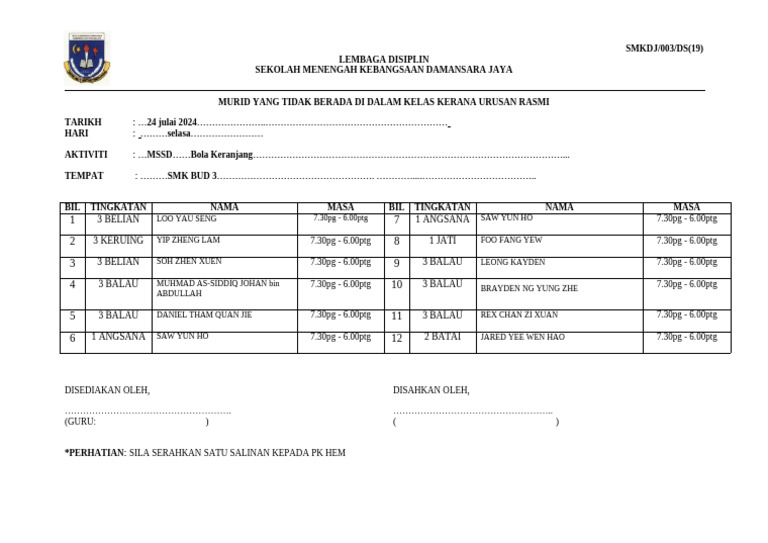 BORANG KELUAR KELAS KERANA URUSAN RASMI - U15. | PDF