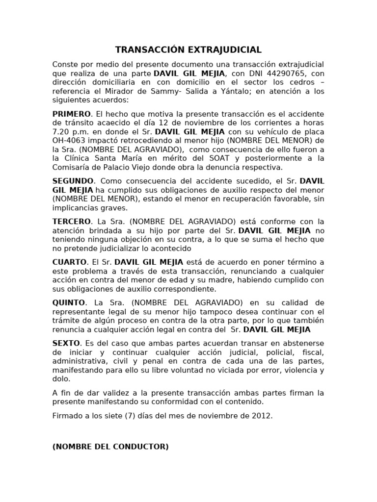 Transacción Extrajudicial Accidente Transito | PDF