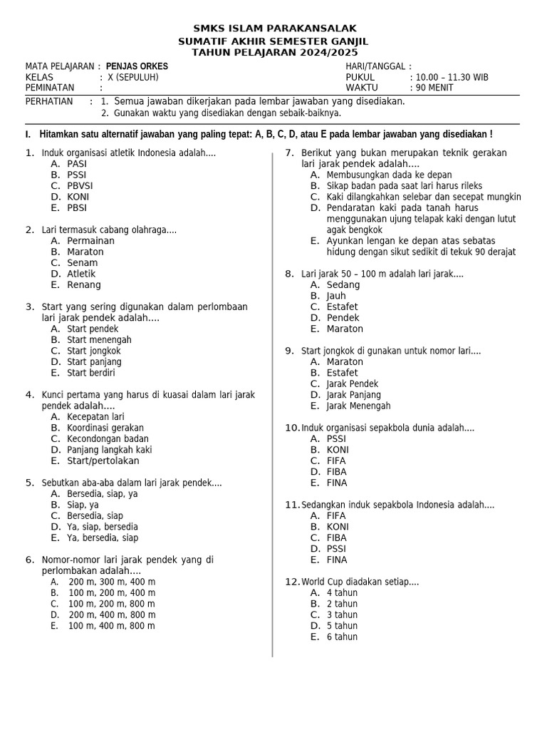 Soal Pas Pjok Kelas X k13 | PDF