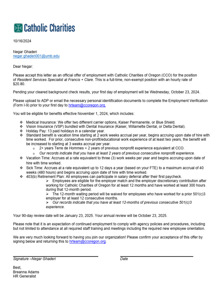 Negar Ghaderi - Resident Services Specialist - Job Offer Letter | PDF ...