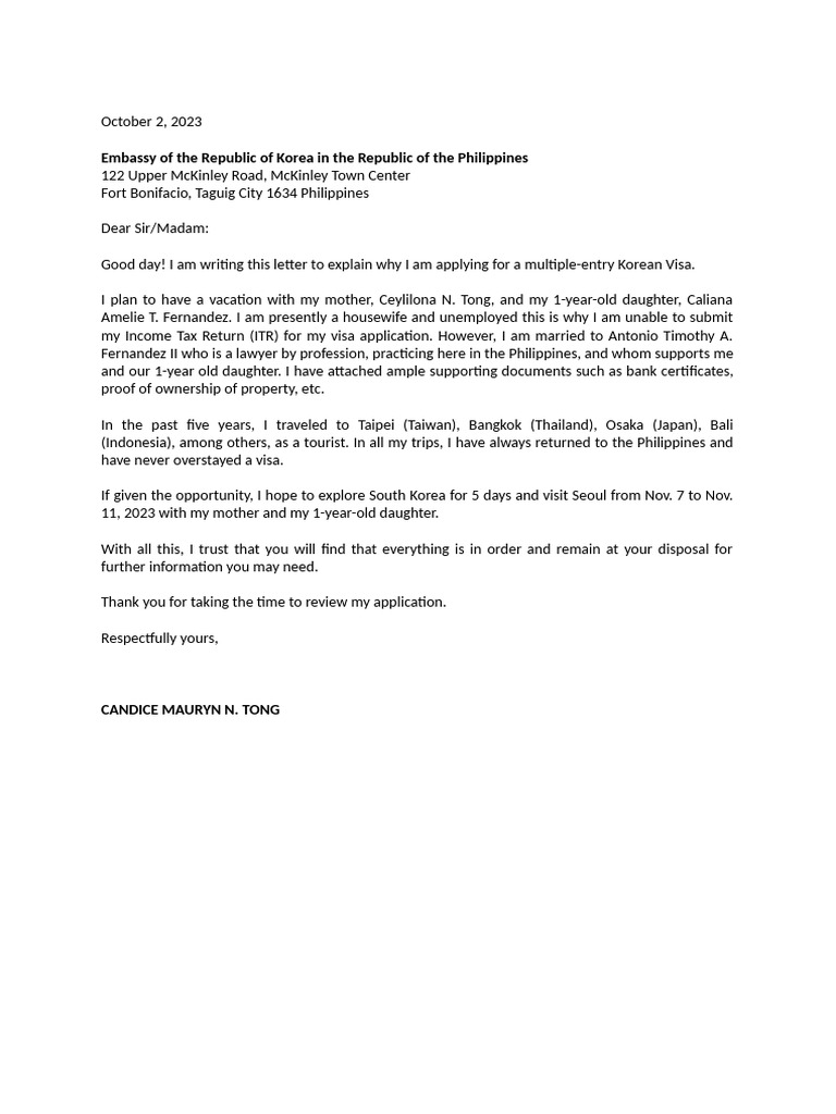 Cover Letter for Multiple-Entry Korean Visa | PDF