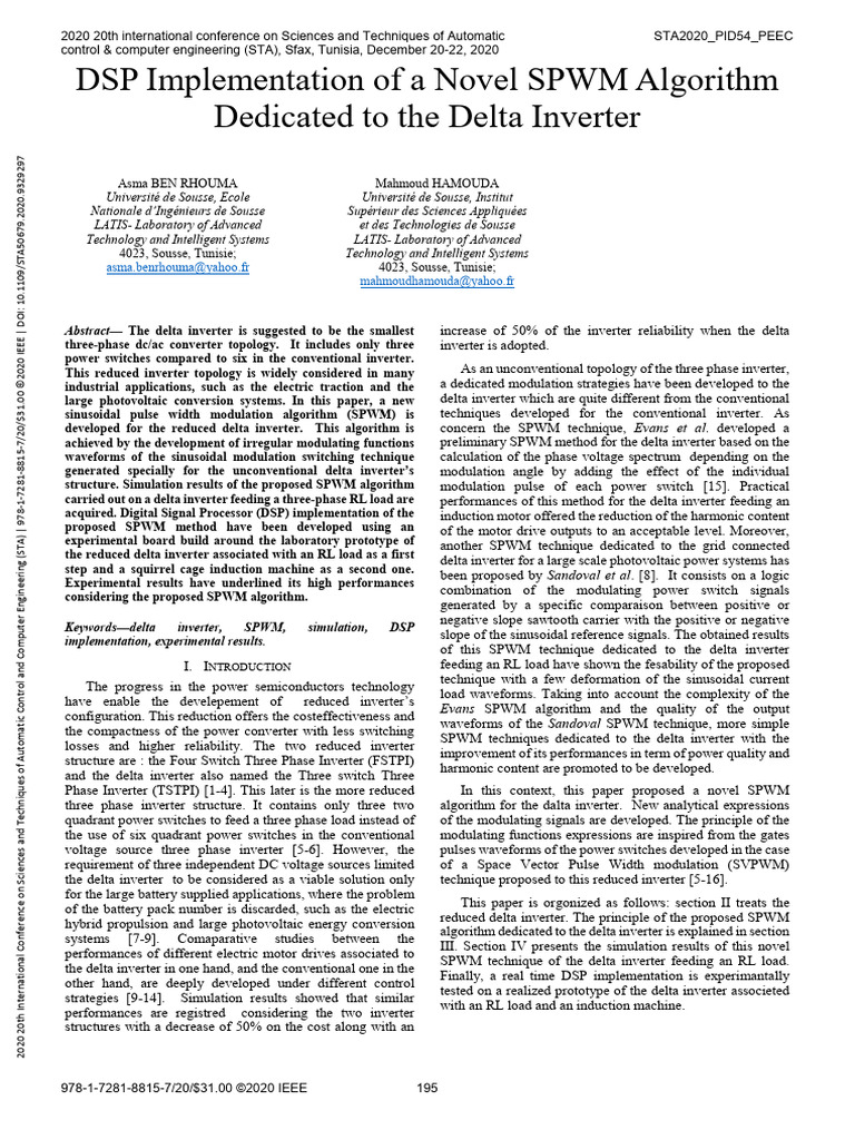 DSP Implementation of A Novel SPWM Algorithm Dedicated To The Delta Inverter | PDF | Power ...