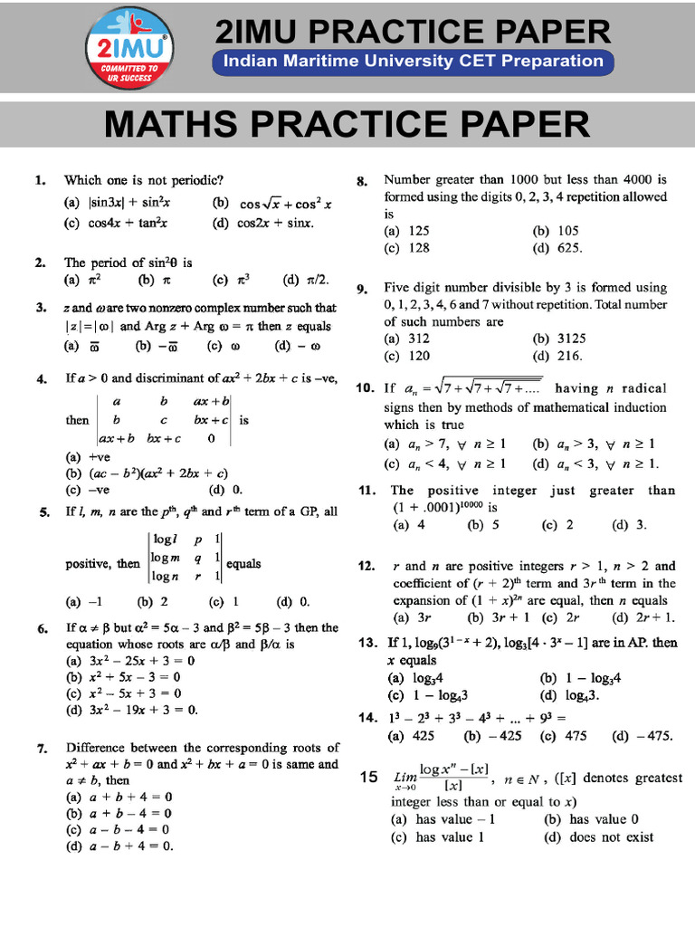 IMU CET Maths Practice Paper | PDF | Cost Of Goods Sold | Chemistry