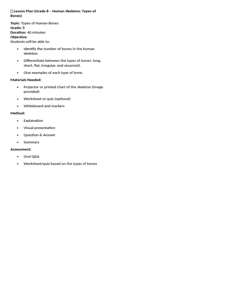 Grade 8 Lesson Plan: Human Bones Types | PDF