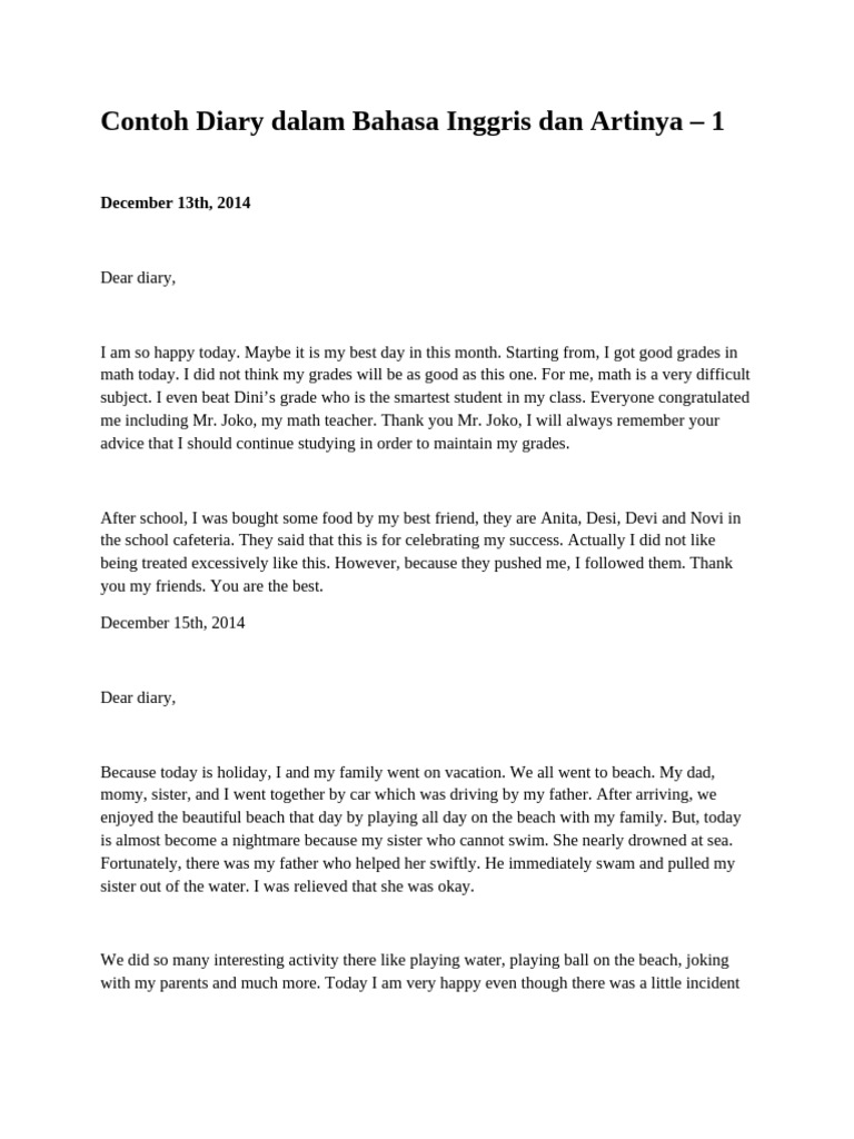 Contoh Diary Dalam Bahasa Inggris Dan Artinya | PDF