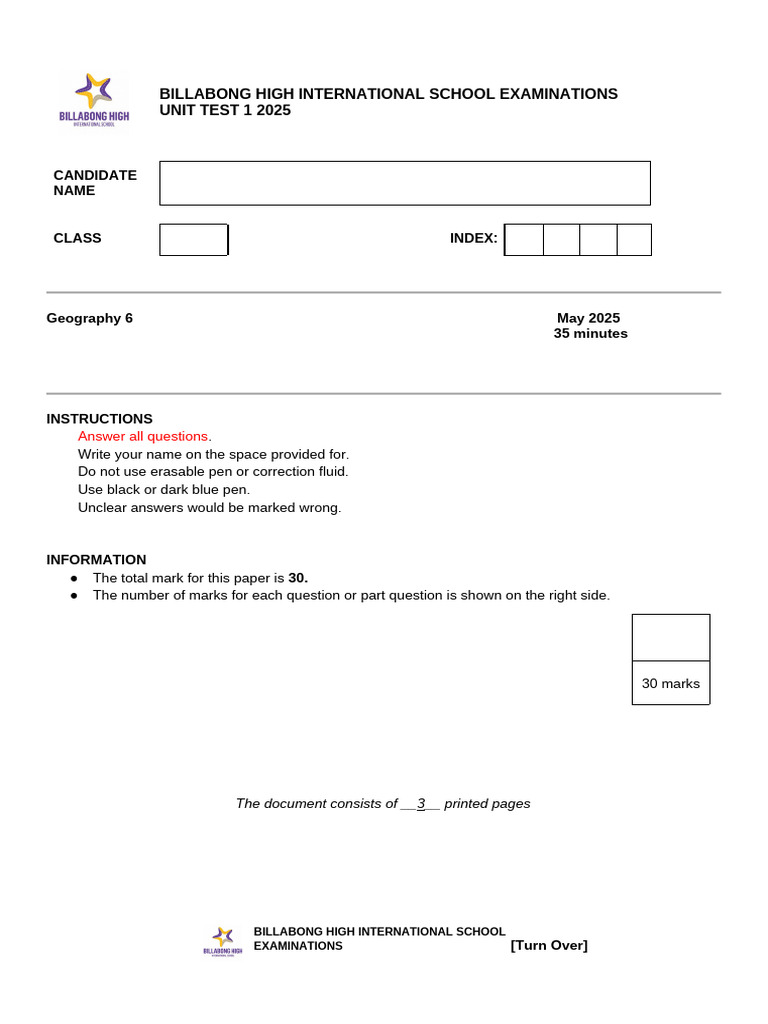 Billabong High Geography Unit Test 2025 | PDF