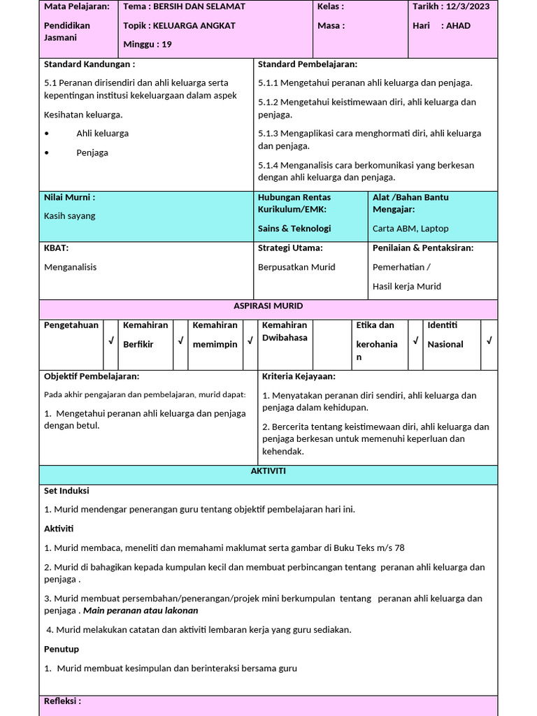 RPH PK TAHUN 1 2023 M19 at ARAS | PDF