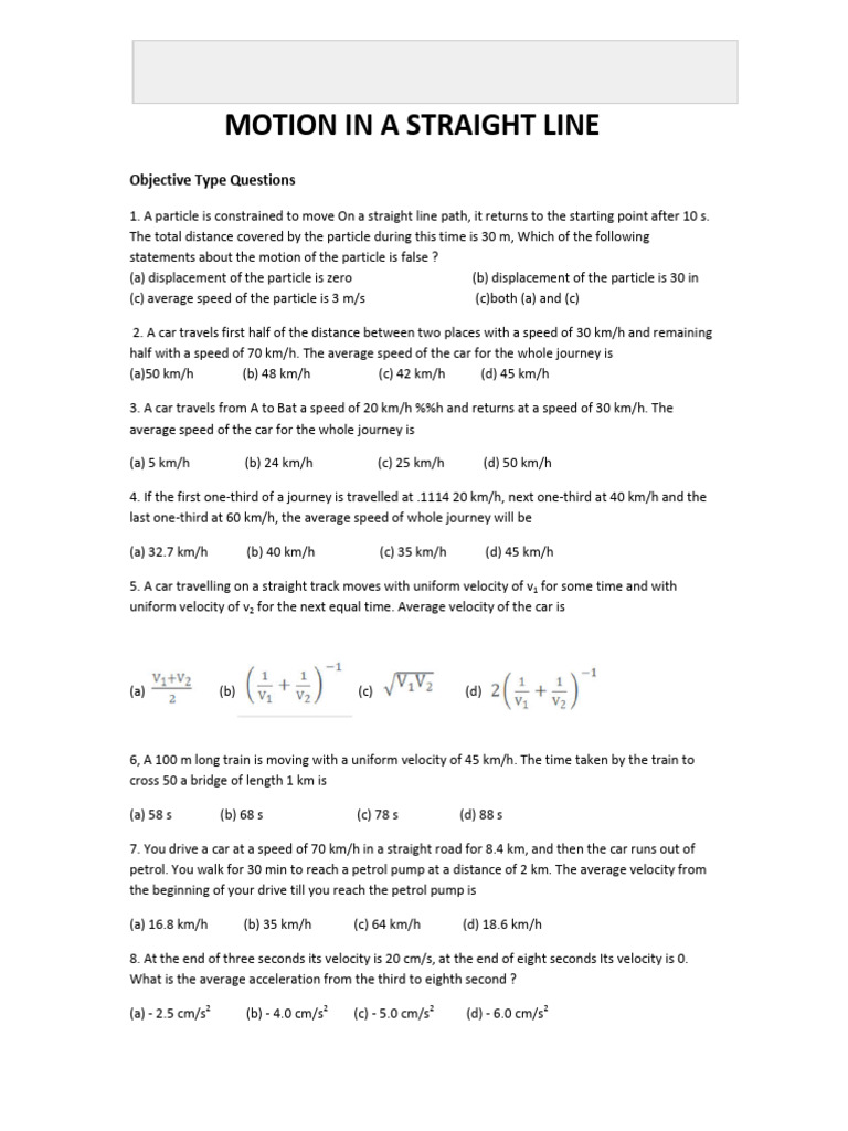 MOTION IN A STRAIGHT LINE Assignment 1 | PDF | Speed | Acceleration