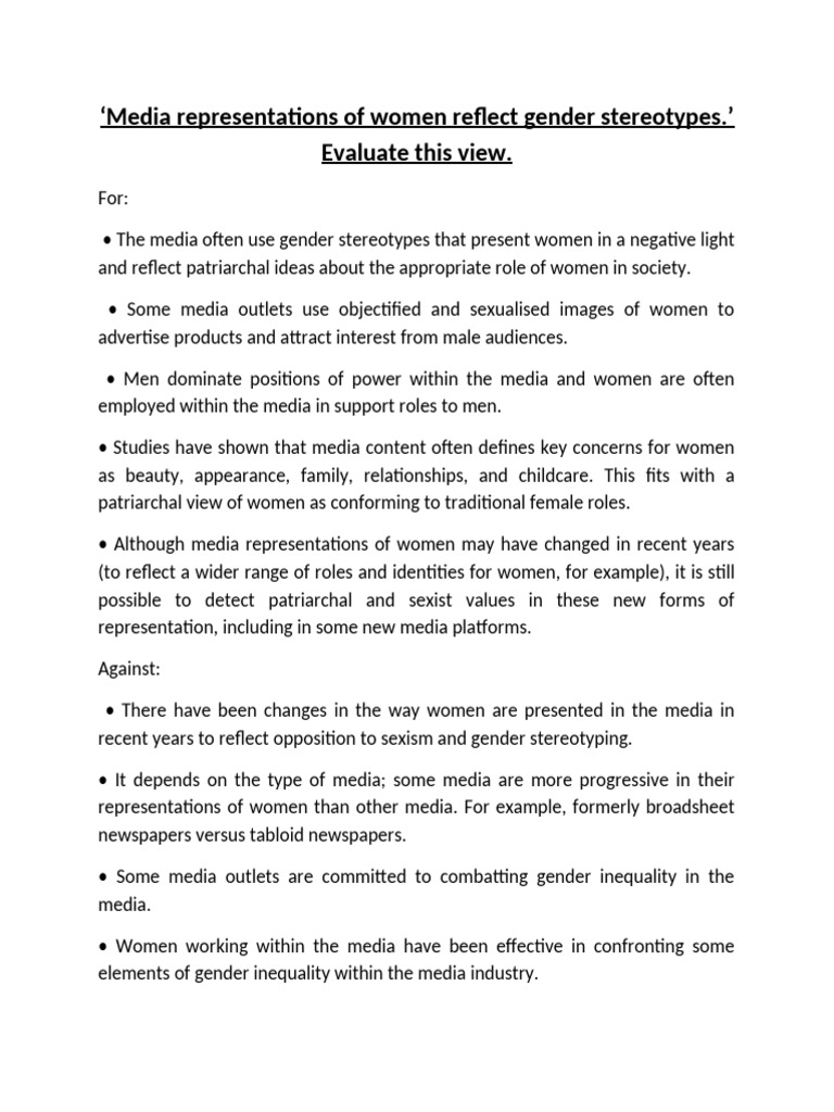 Media representations of women reflect gender stereotypes | PDF