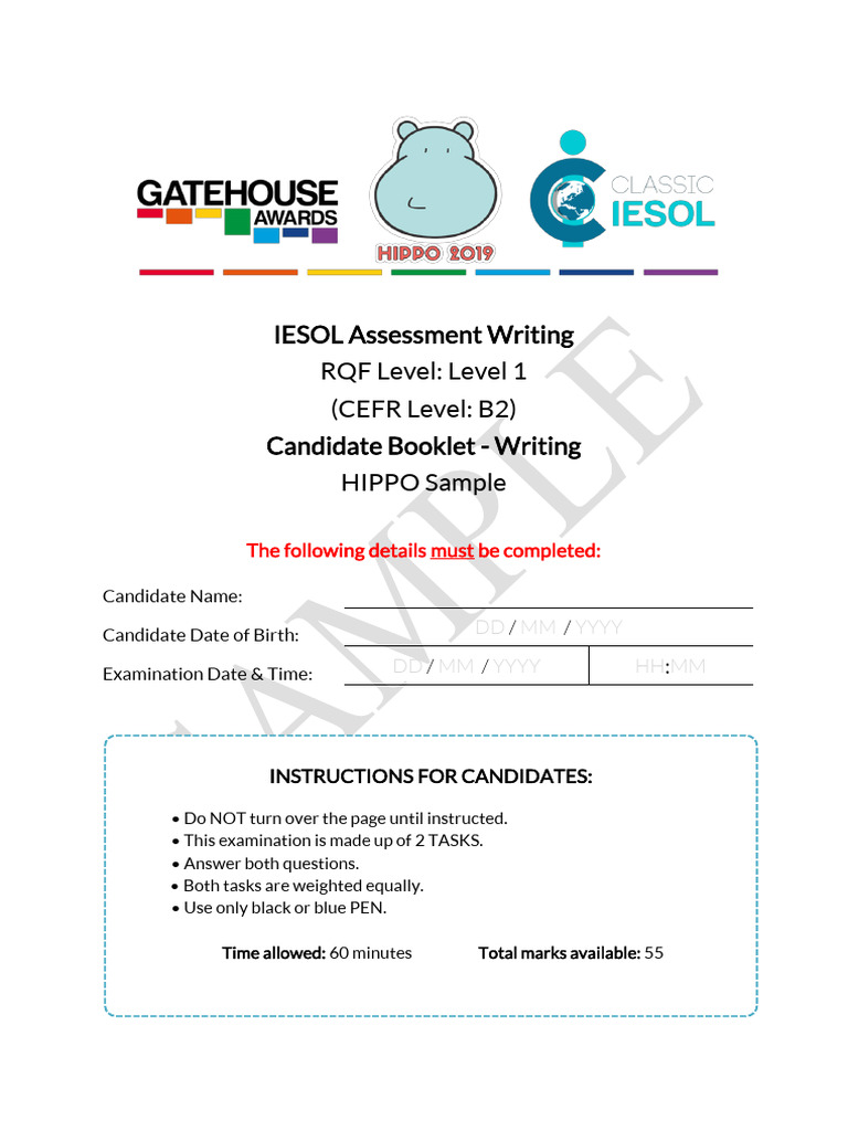 GA IESOL L1 (B2) Candidate Booklet Writing HIPPO Sample | PDF