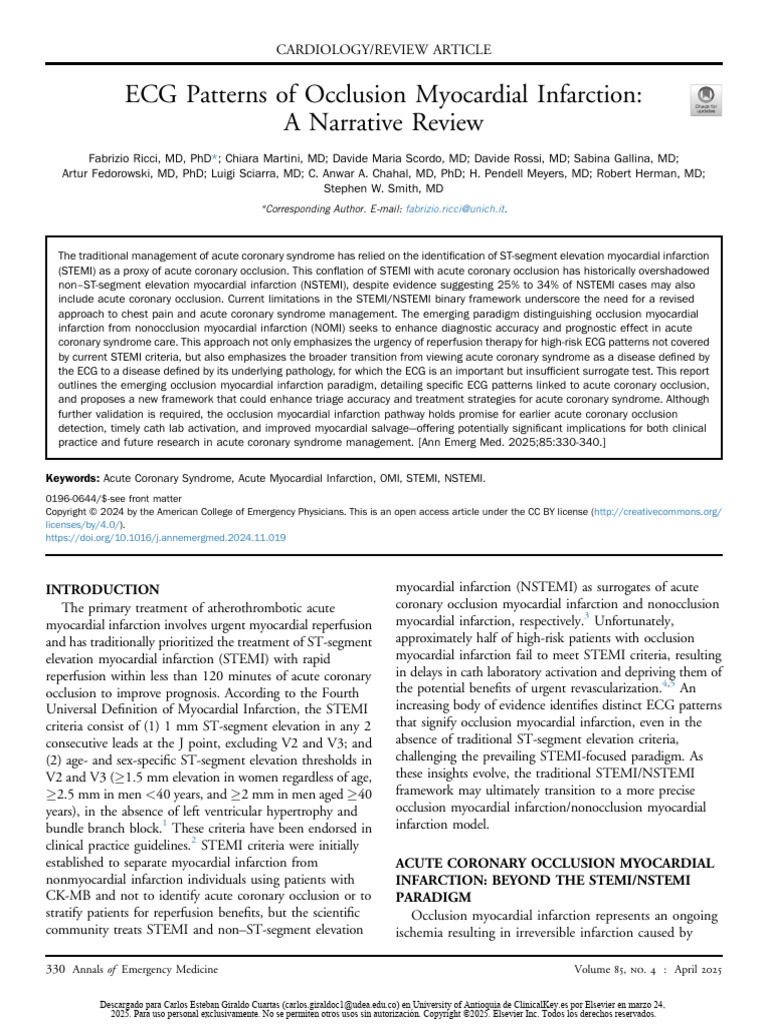 ECG Patterns of Occlusion Myocardial Infarction - A Narrative Review ...