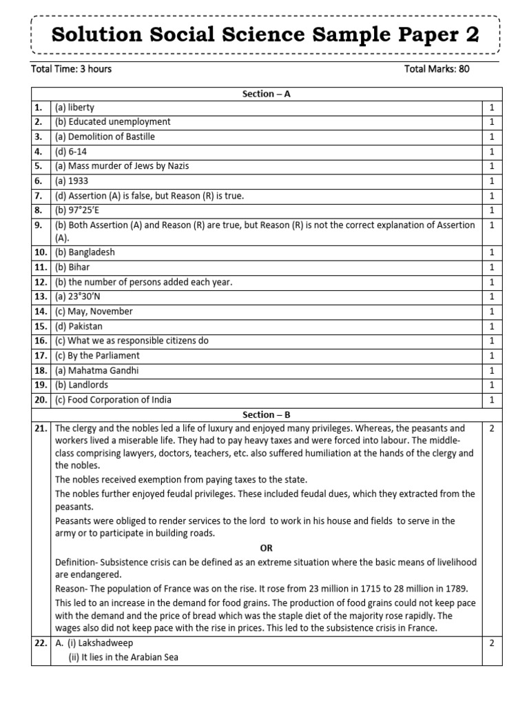 9th CBSE Social Science Sample Paper 2 Answer Key | PDF | Russian ...