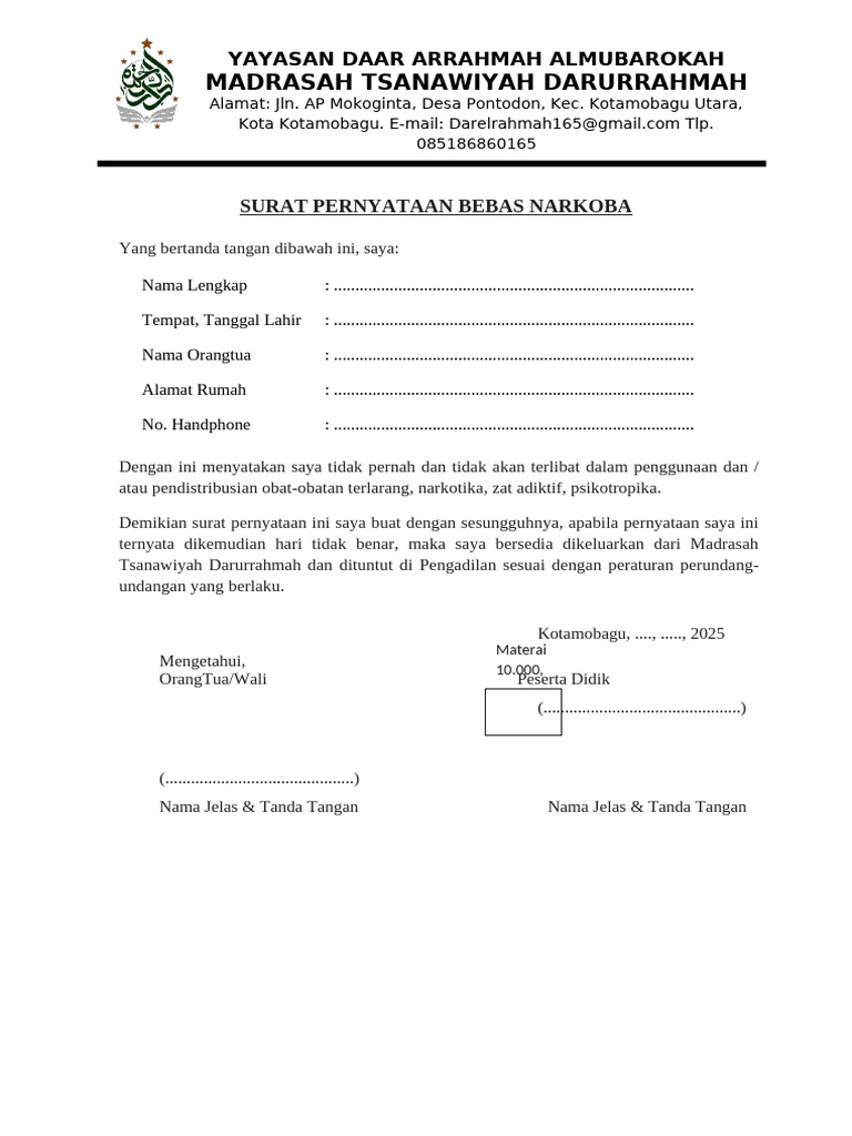 05 Surat Pernyataan Bebas Narkoba Darurrahmah | PDF