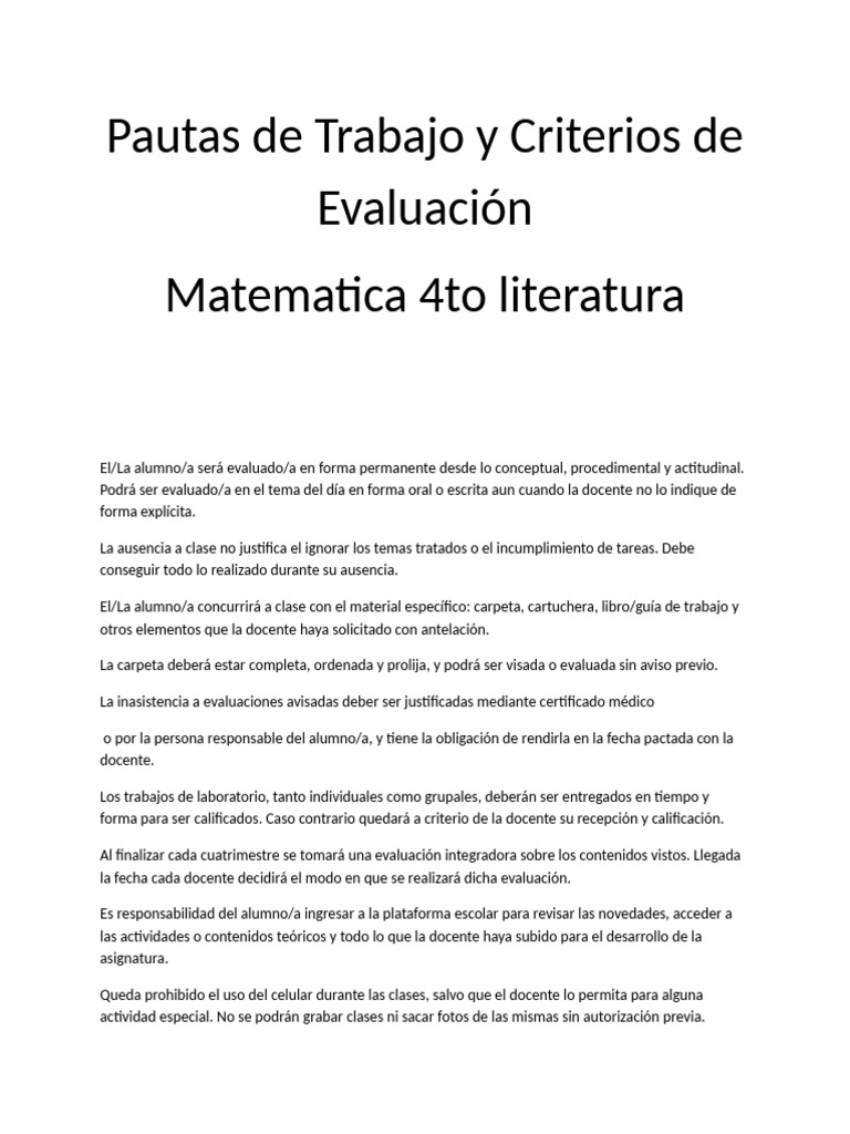 Pautas de Trabajo y Criterios de Evaluación Matematica 4to Literatura | PDF