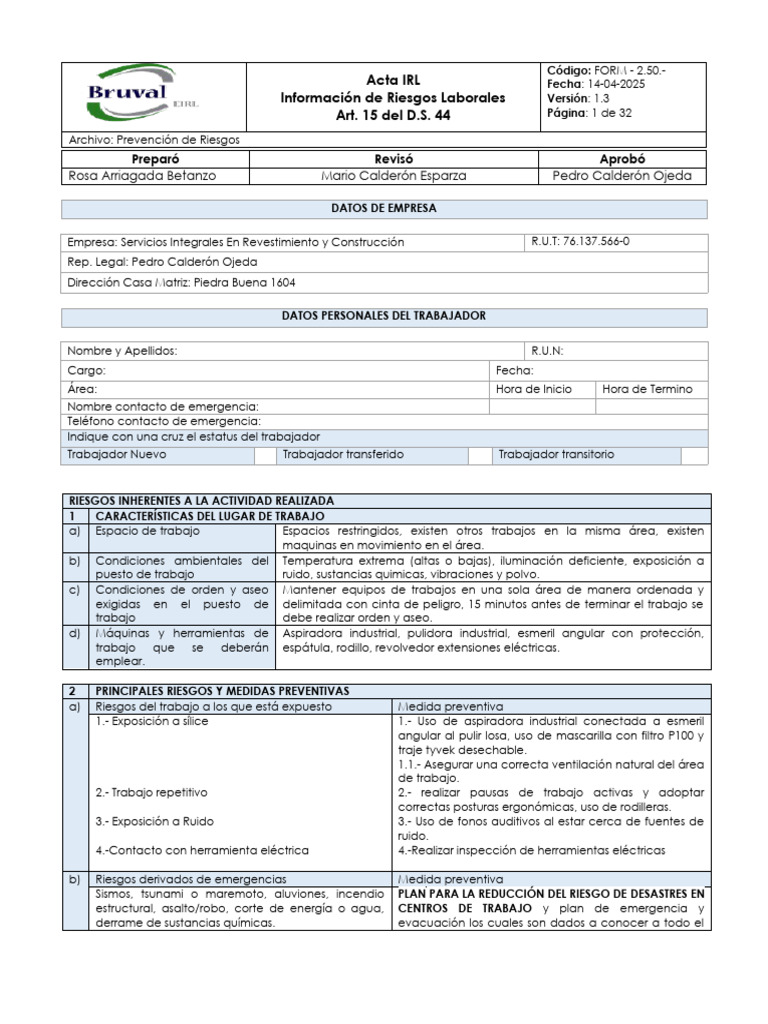 FORMATO IRL (Ex ODI) Información de Los Riesgos Laborales DS 44 V | PDF ...