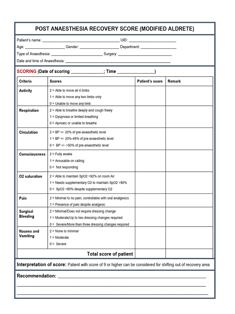 Modified Aldrete Recovery Score Chart | PDF
