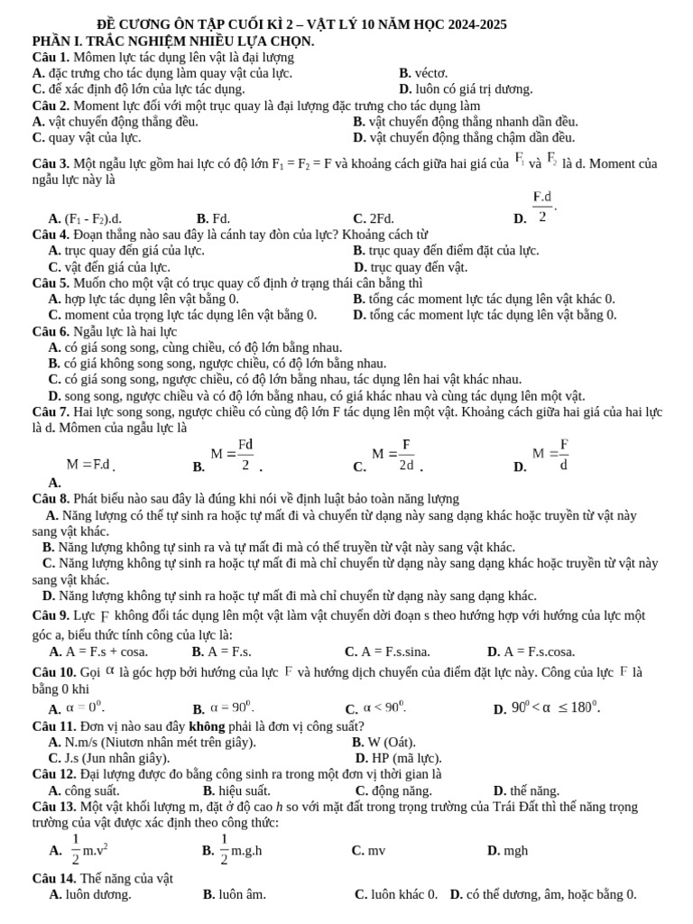 ĐỀ CƯƠNG -CK2 - VL 10 NTB (24-25) | PDF