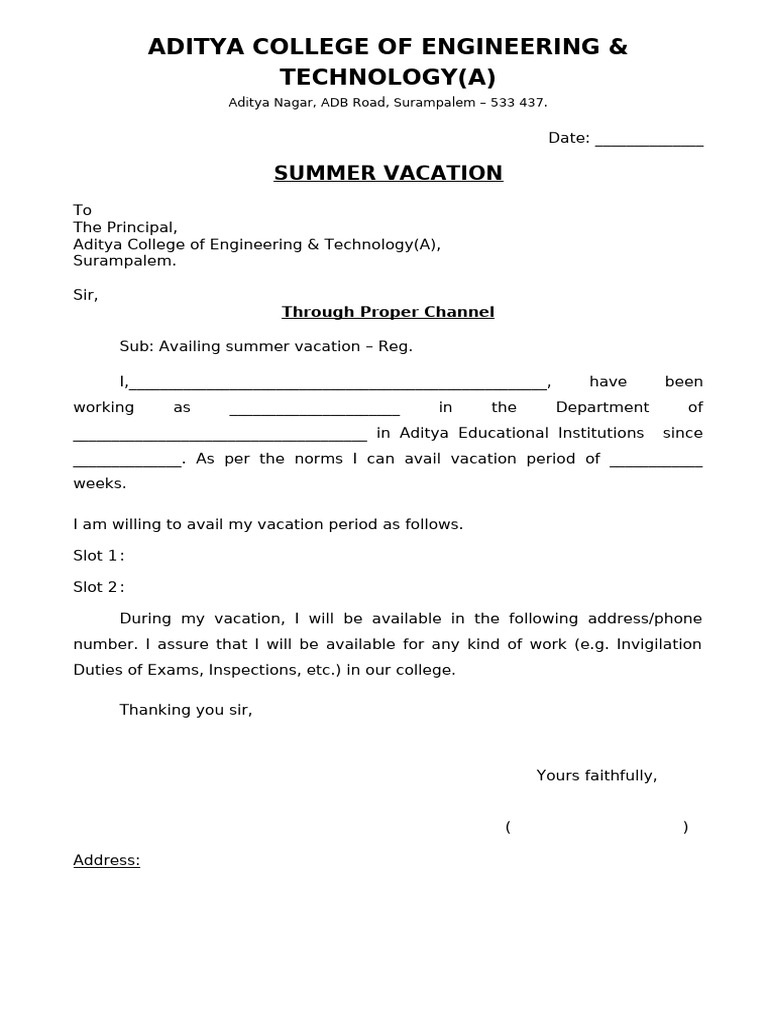 Summer Vacation Form For Teaching | PDF