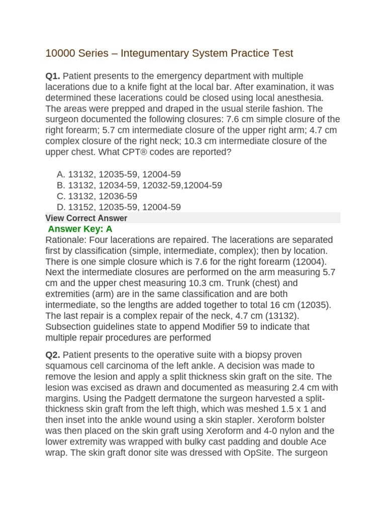 CPT 10000 Series - Integumentary System Practice Test | PDF | Surgery ...