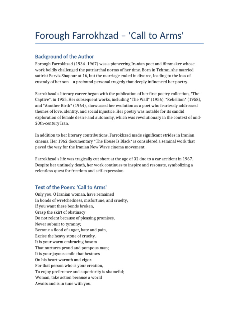 Farough Farrokhzad's Call to Arms Analysis | PDF | Feminism | Gender ...