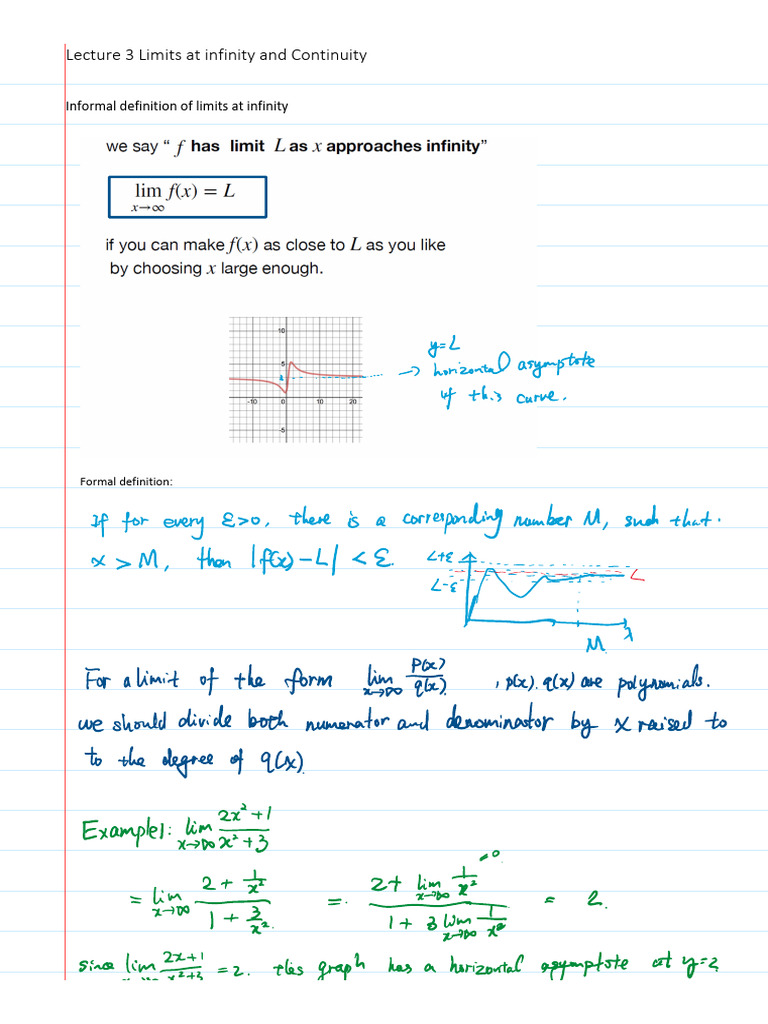 Lecture 3 Limits at Infinity and Continuity | PDF