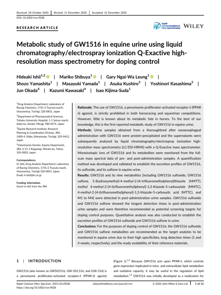 28. Metabolic study of GW1516 in equine urine using LC-ESI-HRMS for ...
