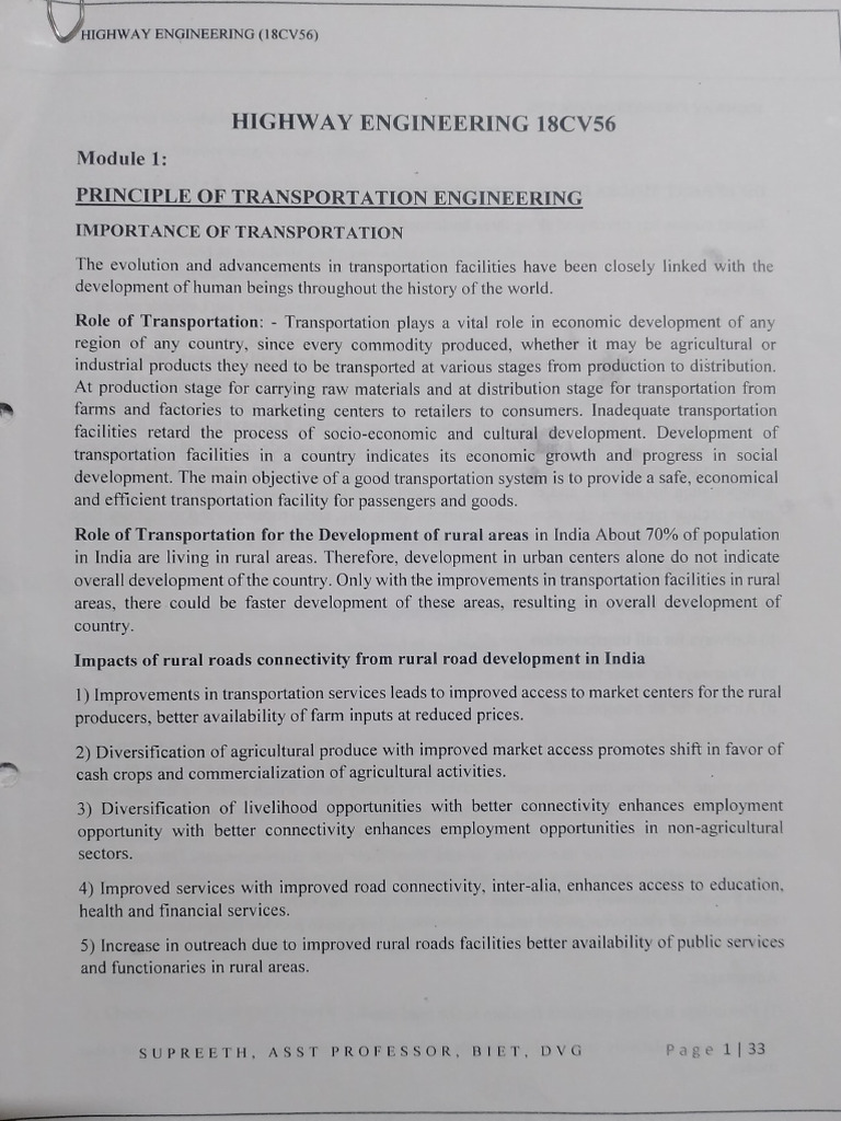 Transportation Engineering - Moduel 1 Notes | PDF