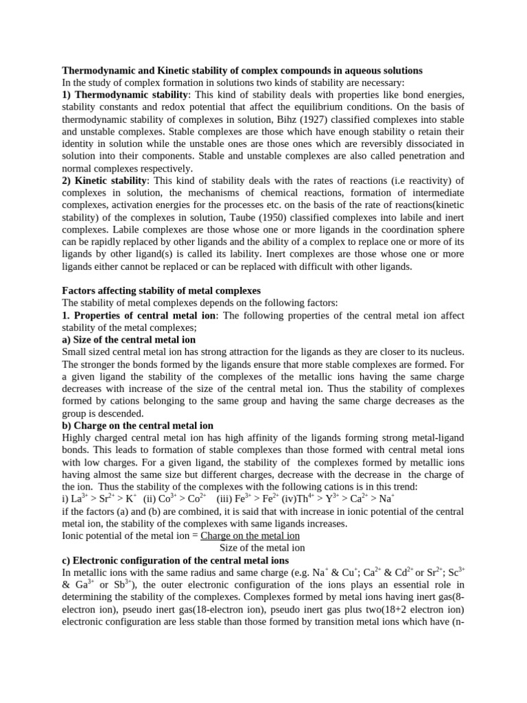Thermodynamic and Kinetic Stability of Complexes | PDF | Coordination ...