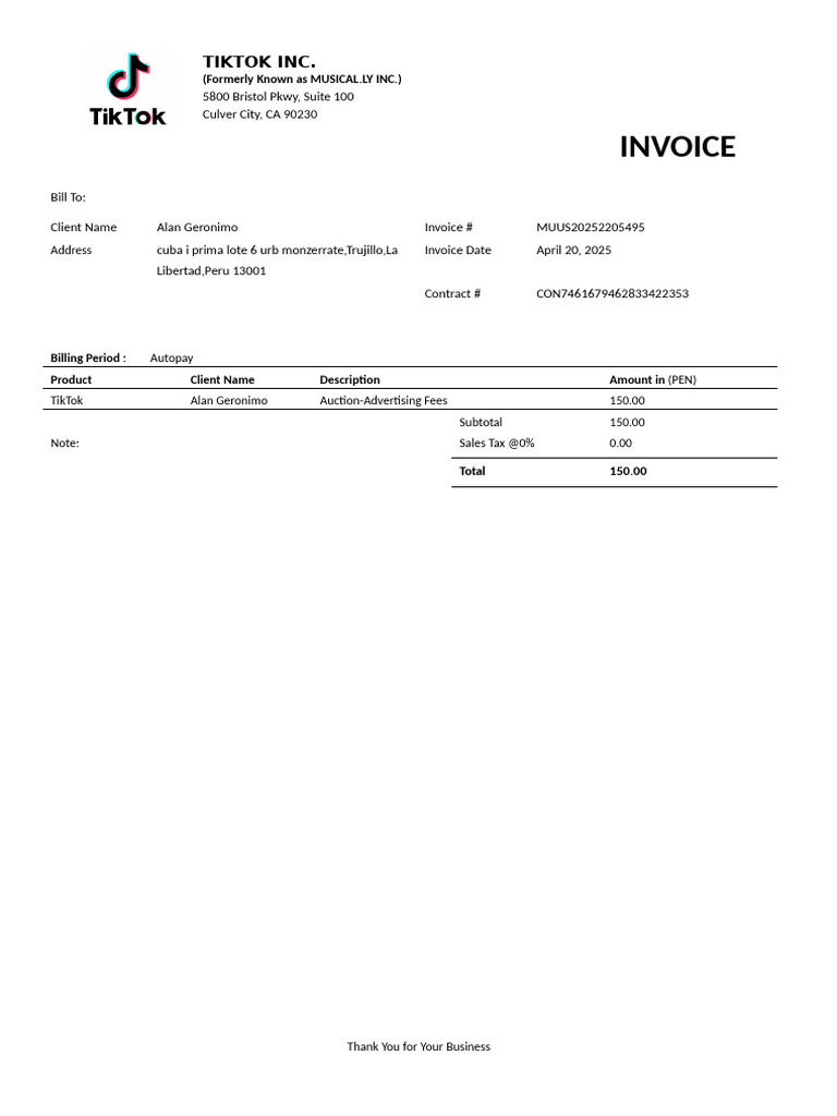 MUUS20252205495 Alan Geronimo Invoice | PDF