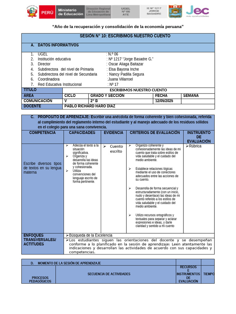 Sesion de Aprendizaje: Escribimos Un Cuento | PDF | Aprendizaje | Evaluación