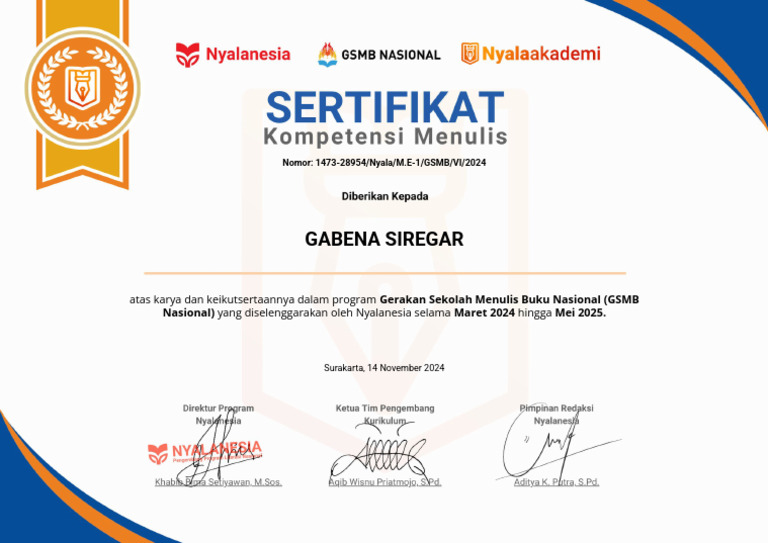 Gabena Siregar - E-Sertifikat Kompetensi Menulis GSMB 2024 | PDF