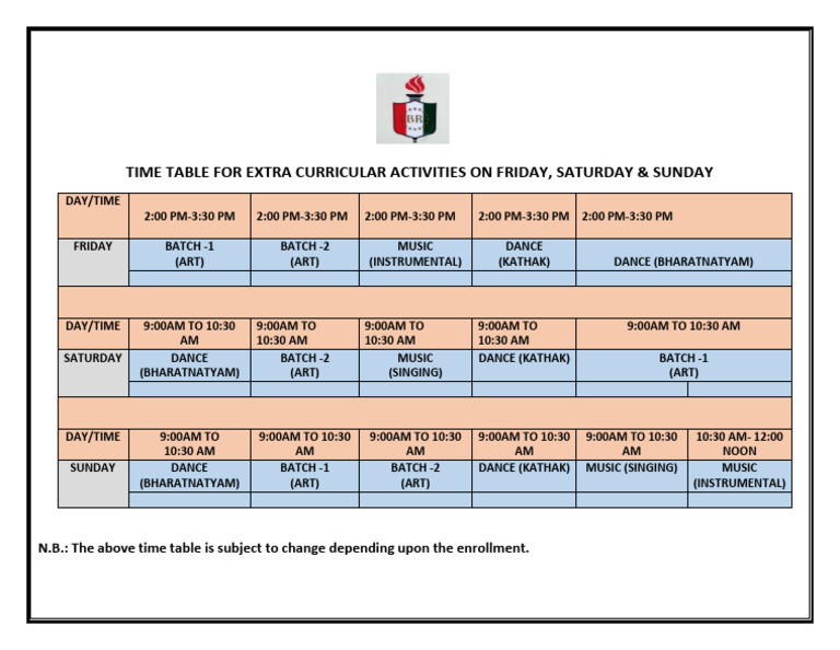 Time Table For Extra Curricular Activities | PDF
