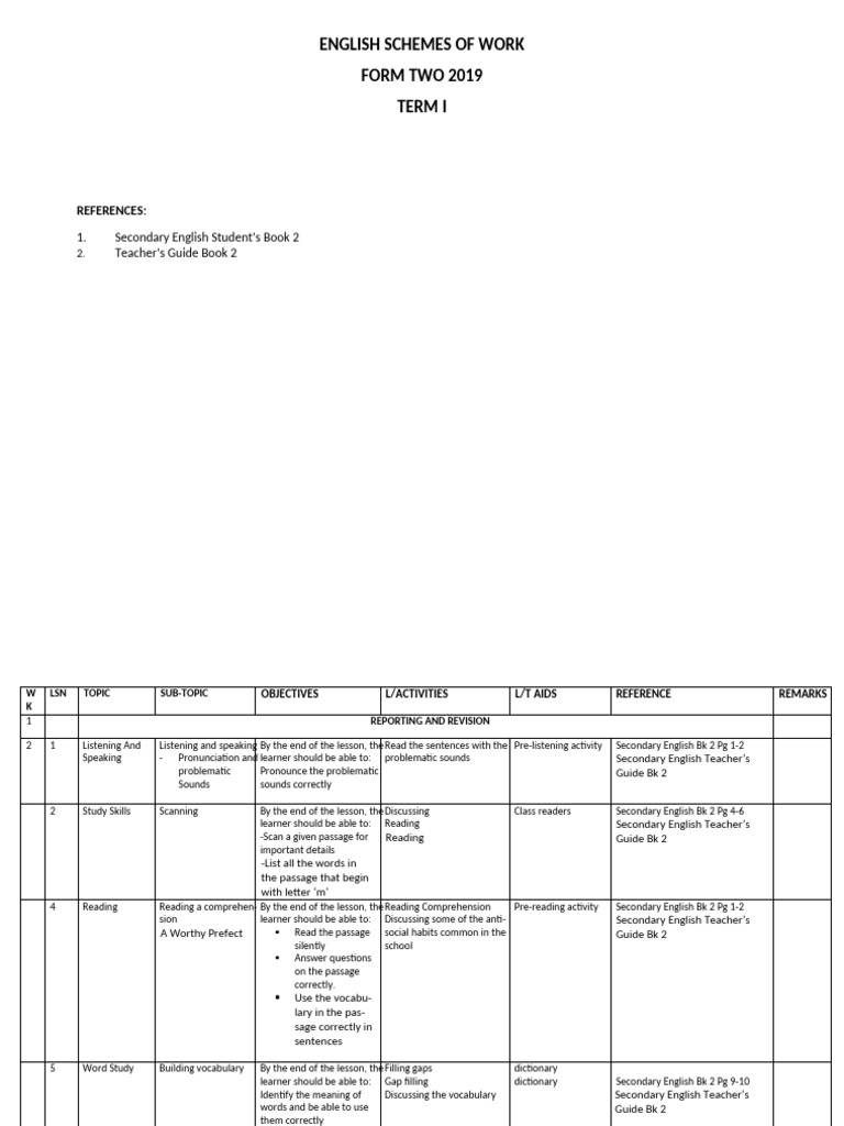 Form Two English Scheme of Work 2019 | PDF | English Language | Reading ...